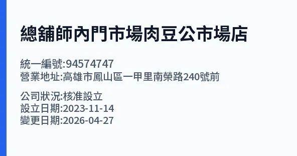 總舖師內門市場肉豆公市場店的照片-統編 94574747(高雄市) 公司登記資料與營業項目詳細圖表