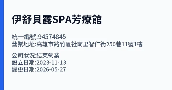 伊舒貝露SPA芳療館的照片-統編 94574845(高雄市) 公司登記資料與營業項目詳細圖表