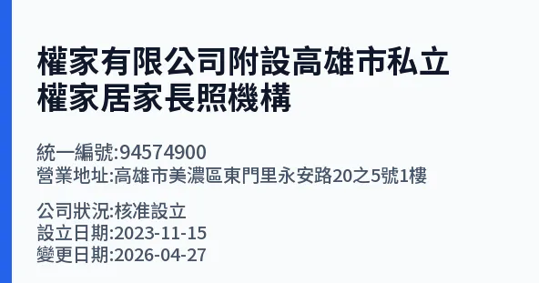 權家有限公司附設高雄市私立權家居家長照機構的照片-統編 94574900(高雄市) 公司登記資料與營業項目詳細圖表