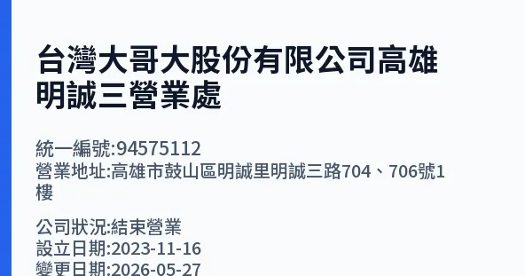 台灣大哥大股份有限公司高雄明誠三營業處的照片-統編 94575112(高雄市) 公司登記資料與營業項目詳細圖表