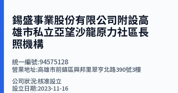 錫盛事業股份有限公司附設高雄市私立亞望沙龍原力社區長照機構的照片-統編 94575128(高雄市) 公司登記資料與營業項目詳細圖表