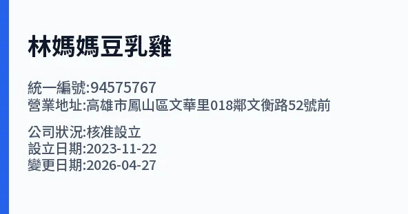 林媽媽豆乳雞的照片-統編 94575767(高雄市) 公司登記資料與營業項目詳細圖表