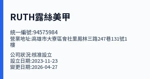 RUTH露絲美甲的照片-統編 94575984(高雄市) 公司登記資料與營業項目詳細圖表