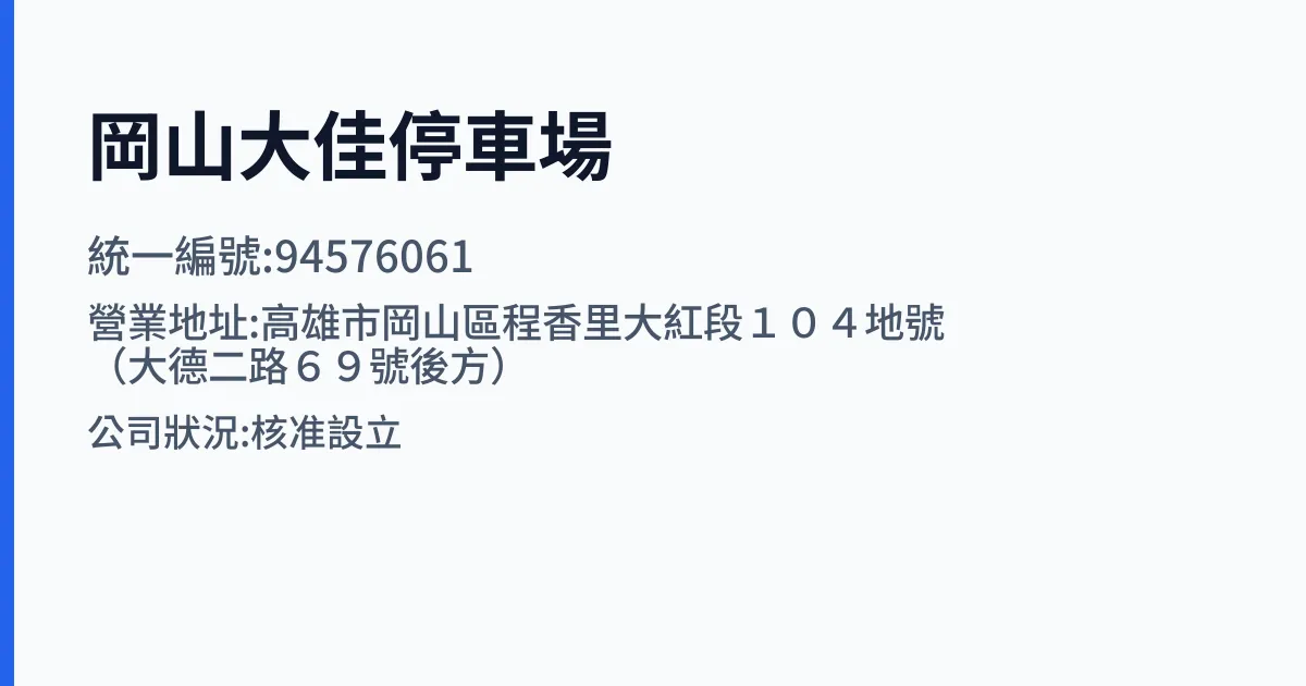 岡山大佳停車場 - 統編 94576061(高雄市) 公司登記資料與營業項目詳細圖表