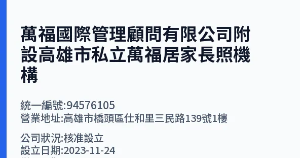 萬福國際管理顧問有限公司附設高雄市私立萬福居家長照機構的照片-統編 94576105(高雄市) 公司登記資料與營業項目詳細圖表