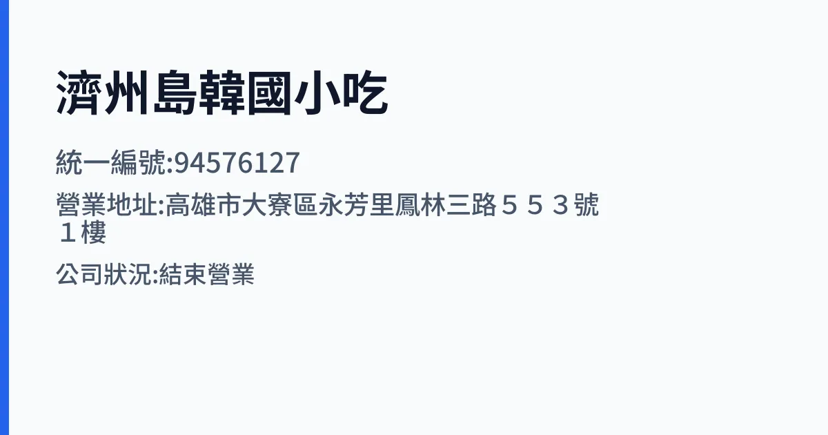 濟州島韓國小吃 - 統編 94576127(高雄市) 公司登記資料與營業項目詳細圖表