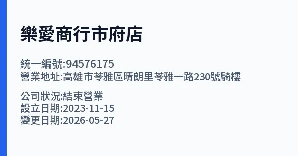 樂愛商行市府店的照片-統編 94576175(高雄市) 公司登記資料與營業項目詳細圖表