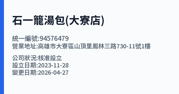 石一籠湯包(大寮店)的照片-統編 94576479(高雄市) 公司登記資料與營業項目詳細圖表