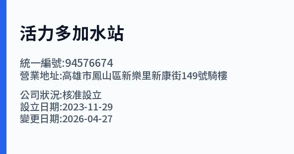 活力多加水站的照片-統編 94576674(高雄市) 公司登記資料與營業項目詳細圖表