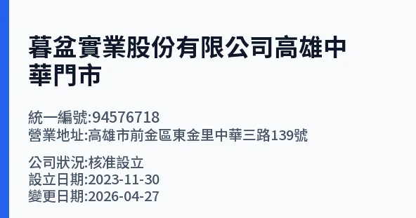 暮盆實業股份有限公司高雄中華門市的照片-統編 94576718(高雄市) 公司登記資料與營業項目詳細圖表