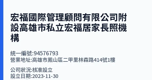 宏福國際管理顧問有限公司附設高雄市私立宏福居家長照機構的照片-統編 94576793(高雄市) 公司登記資料與營業項目詳細圖表