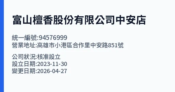 富山檀香股份有限公司中安店的照片-統編 94576999(高雄市) 公司登記資料與營業項目詳細圖表