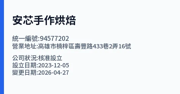 安芯手作烘焙的照片-統編 94577202(高雄市) 公司登記資料與營業項目詳細圖表
