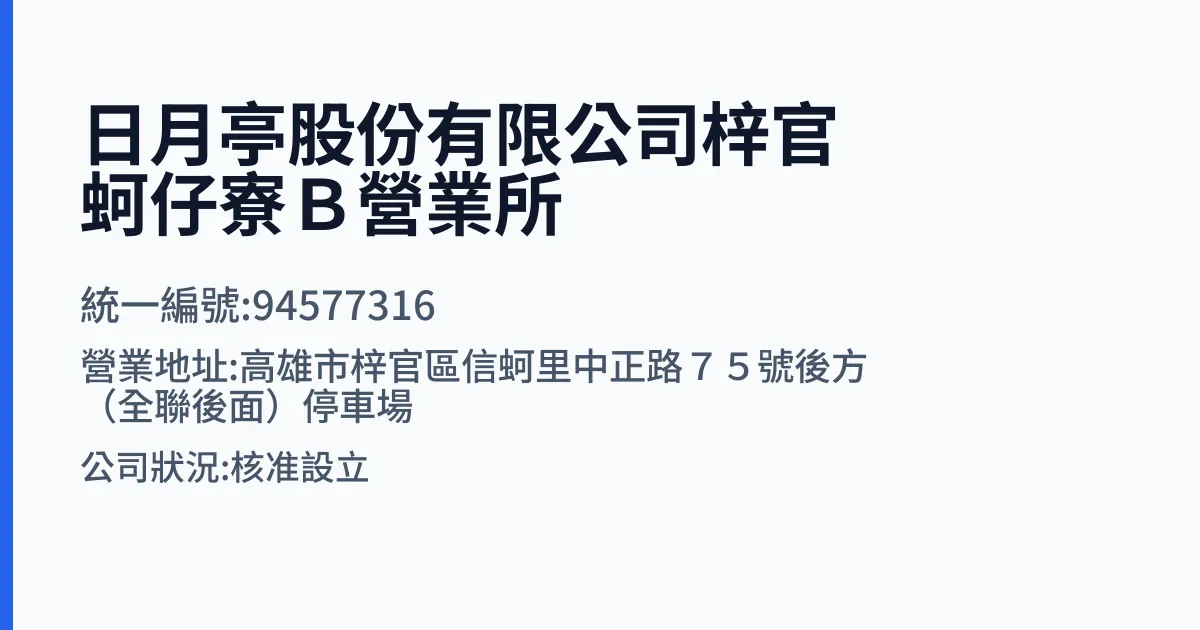 日月亭股份有限公司梓官蚵仔寮B營業所 - 統編 94577316(高雄市) 公司登記資料與營業項目詳細圖表