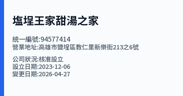 塩埕王家甜湯之家的照片-統編 94577414(高雄市) 公司登記資料與營業項目詳細圖表