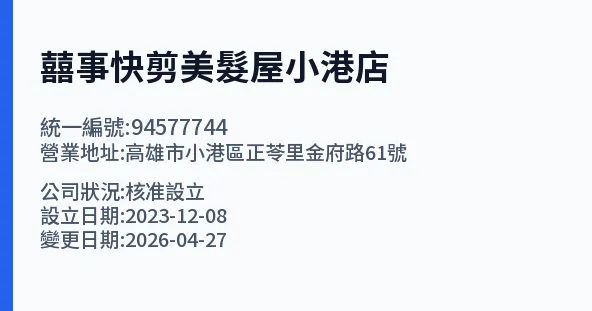 囍事快剪美髮屋小港店的照片-統編 94577744(高雄市) 公司登記資料與營業項目詳細圖表