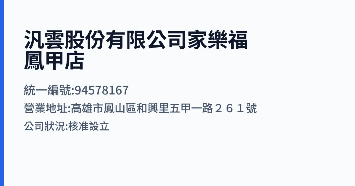 汎雲股份有限公司家樂福鳳甲店 - 統編 94578167(高雄市) 公司登記資料與營業項目詳細圖表