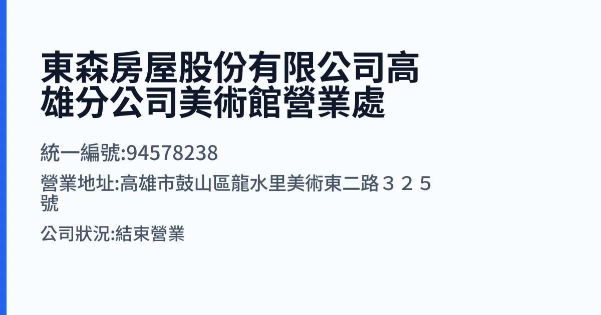 東森房屋股份有限公司高雄分公司美術館營業處 - 統編 94578238(高雄市) 公司登記資料與營業項目詳細圖表