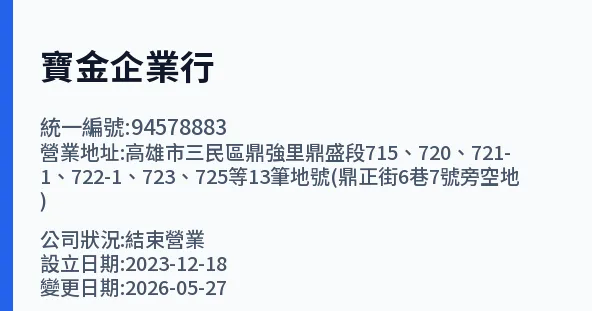 寶金企業行的照片-統編 94578883(高雄市) 公司登記資料與營業項目詳細圖表