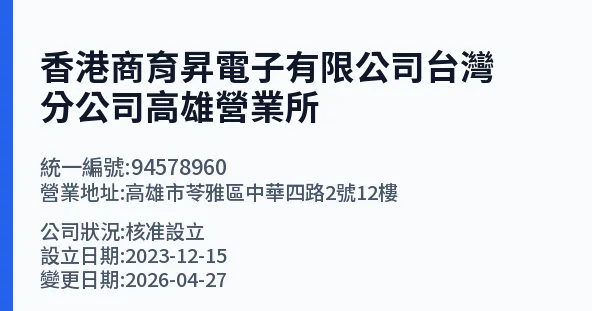 香港商育昇電子有限公司台灣分公司高雄營業所的照片-統編 94578960(高雄市) 公司登記資料與營業項目詳細圖表
