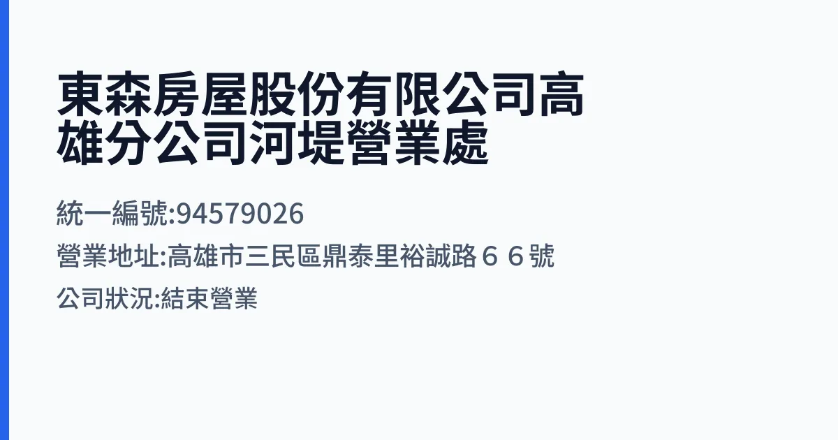 東森房屋股份有限公司高雄分公司河堤營業處 - 統編 94579026(高雄市) 公司登記資料與營業項目詳細圖表