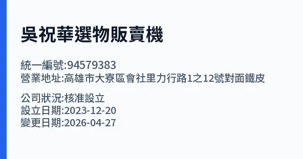 吳祝華選物販賣機的照片-統編 94579383(高雄市) 公司登記資料與營業項目詳細圖表