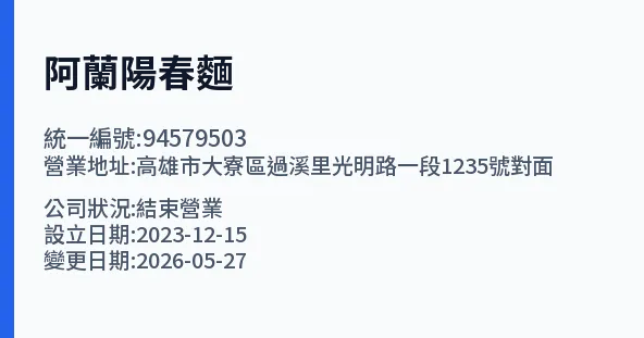 阿蘭陽春麵的照片-統編 94579503(高雄市) 公司登記資料與營業項目詳細圖表