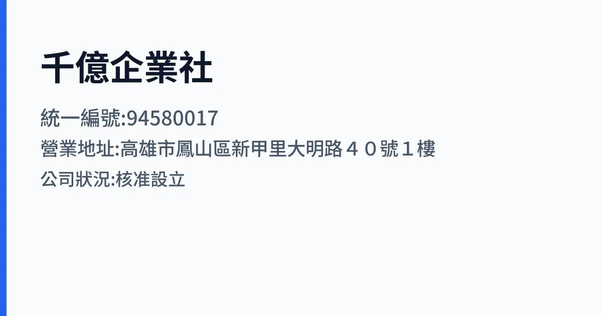 千億企業社 - 統編 94580017(高雄市) 公司登記資料與營業項目詳細圖表