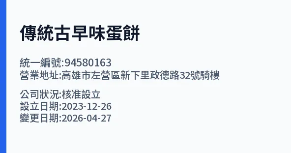 傳統古早味蛋餅的照片-統編 94580163(高雄市) 公司登記資料與營業項目詳細圖表