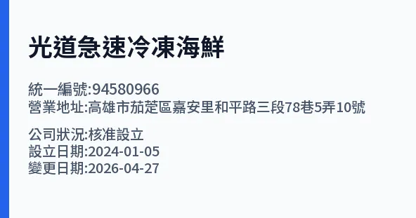 光道急速冷凍海鮮的照片-統編 94580966(高雄市) 公司登記資料與營業項目詳細圖表