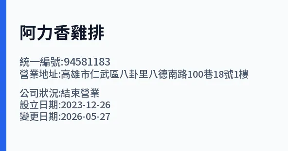 阿力香雞排的照片-統編 94581183(高雄市) 公司登記資料與營業項目詳細圖表