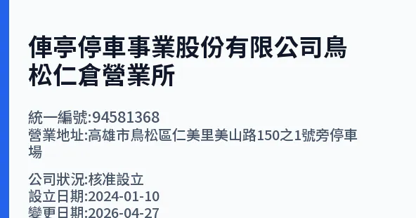 俥亭停車事業股份有限公司鳥松仁倉營業所的照片-統編 94581368(高雄市) 公司登記資料與營業項目詳細圖表