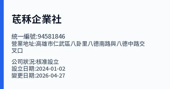 茋秝企業社的照片-統編 94581846(高雄市) 公司登記資料與營業項目詳細圖表