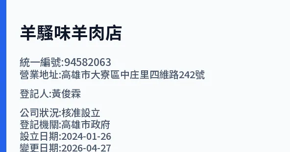羊騷味羊肉店的照片-統編 94582063(高雄市) 公司登記資料與營業項目詳細圖表