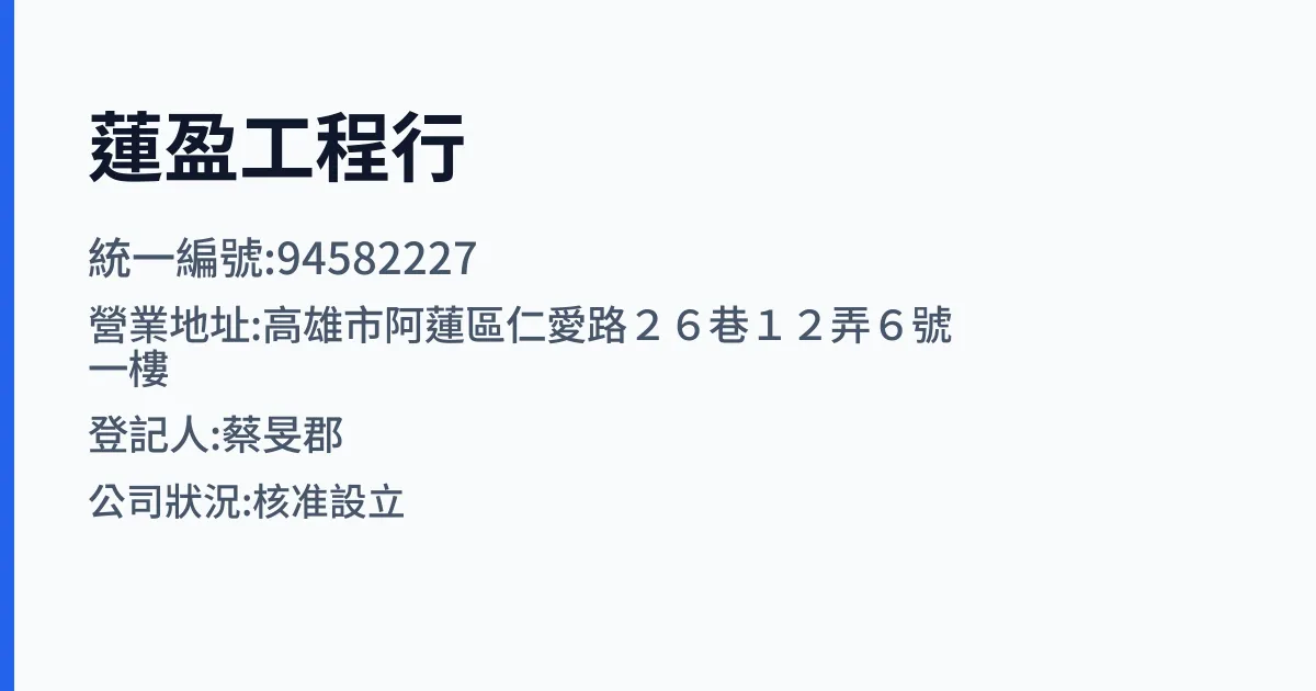 蓮盈工程行 - 統編 94582227（高雄市） 公司登記資料與營業項目詳細圖表