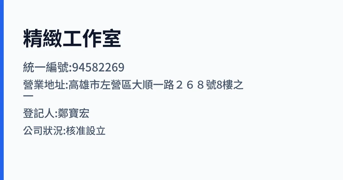 精緻工作室 - 統編 94582269(高雄市) 公司登記資料與營業項目詳細圖表