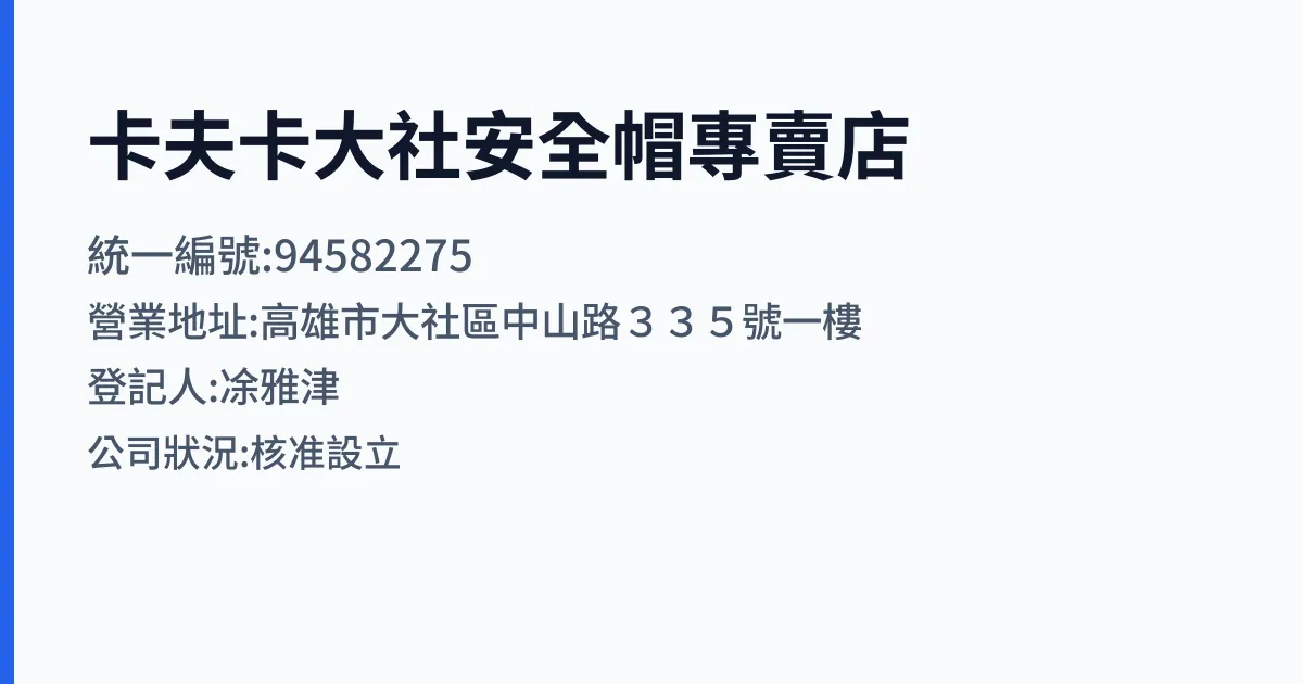 卡夫卡大社安全帽專賣店 - 統編 94582275(高雄市) 公司登記資料與營業項目詳細圖表
