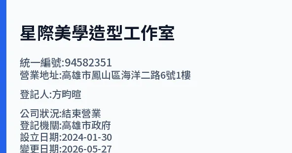 星際美學造型工作室的照片-統編 94582351(高雄市) 公司登記資料與營業項目詳細圖表