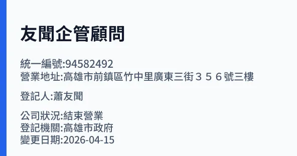 友聞企管顧問的照片-統編 94582492(高雄市) 公司登記資料與營業項目詳細圖表