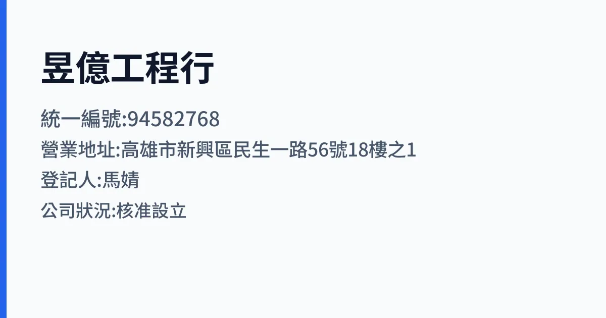 昱億工程行 - 統編 94582768(高雄市) 公司登記資料與營業項目詳細圖表