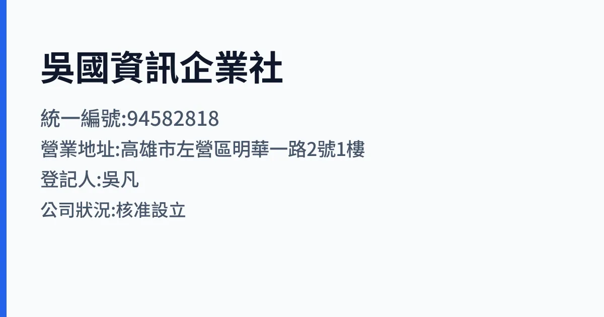 吳國資訊企業社 - 統編 94582818(高雄市) 公司登記資料與營業項目詳細圖表