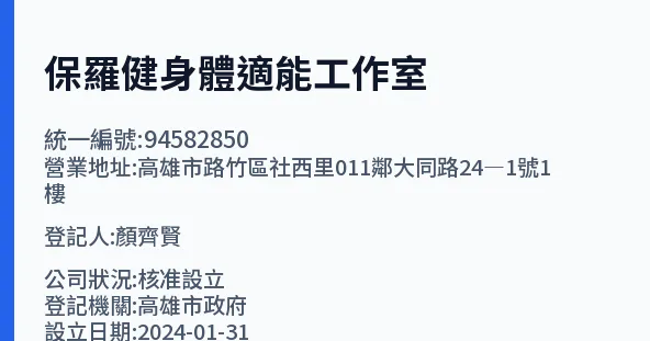保羅健身體適能工作室的照片-統編 94582850(高雄市) 公司登記資料與營業項目詳細圖表