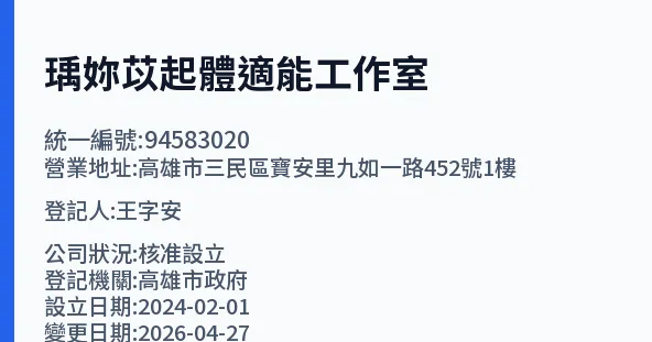 瑀妳苡起體適能工作室的照片-統編 94583020(高雄市) 公司登記資料與營業項目詳細圖表
