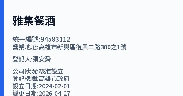 雅集餐酒的照片-統編 94583112(高雄市) 公司登記資料與營業項目詳細圖表