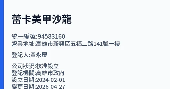 蕾卡美甲沙龍的照片-統編 94583160(高雄市) 公司登記資料與營業項目詳細圖表