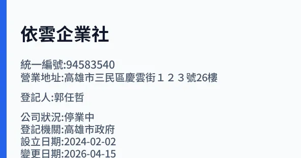 依雲企業社的照片-統編 94583540(高雄市) 公司登記資料與營業項目詳細圖表