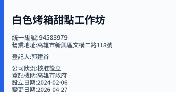 白色烤箱甜點工作坊的照片-統編 94583979(高雄市) 公司登記資料與營業項目詳細圖表