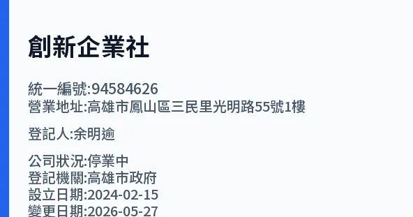 創新企業社的照片-統編 94584626(高雄市) 公司登記資料與營業項目詳細圖表