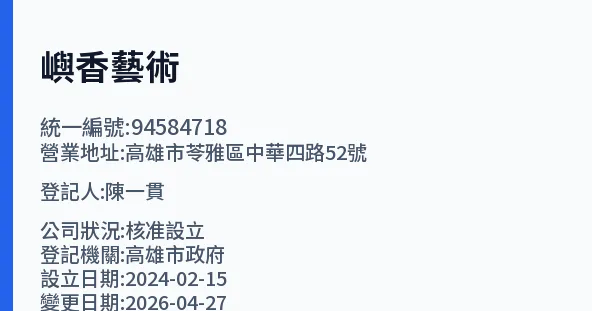 嶼香藝術的照片-統編 94584718(高雄市) 公司登記資料與營業項目詳細圖表