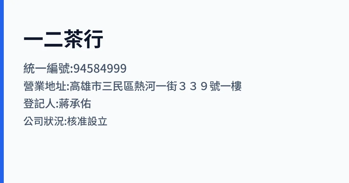 一二茶行 - 統編 94584999(高雄市) 公司登記資料與營業項目詳細圖表